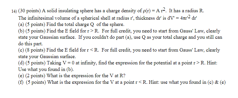 Solved 14) ( 30 points) A solid insulating sphere has a | Chegg.com