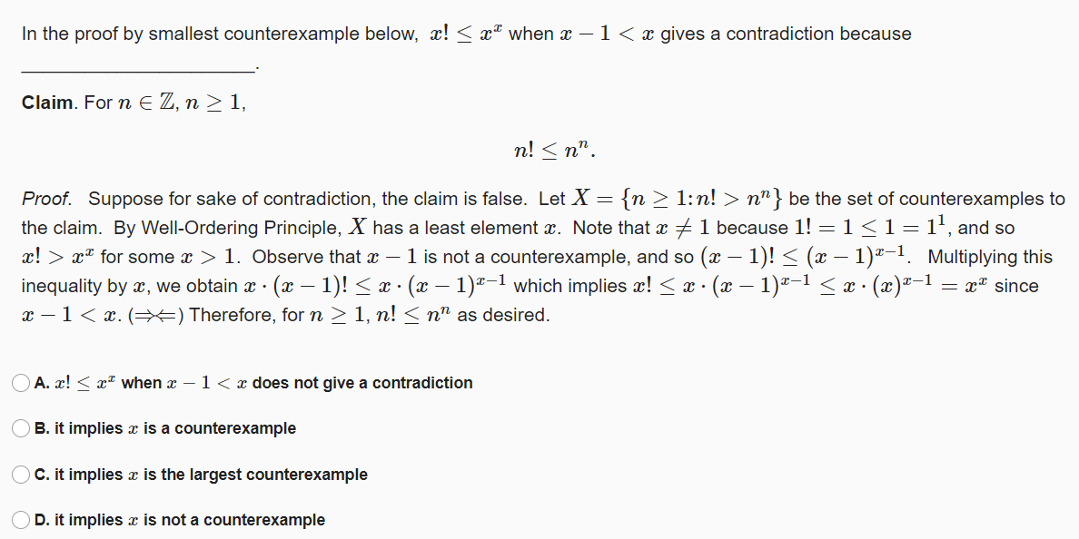 Solved In the proof by smallest counterexample below, X – 1 | Chegg.com