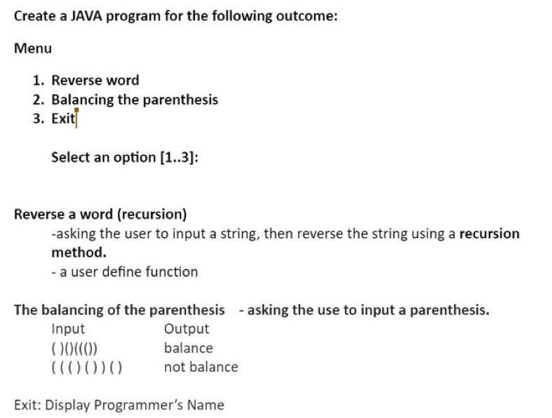 Solved Create a JAVA program for the following outcome: Menu | Chegg.com