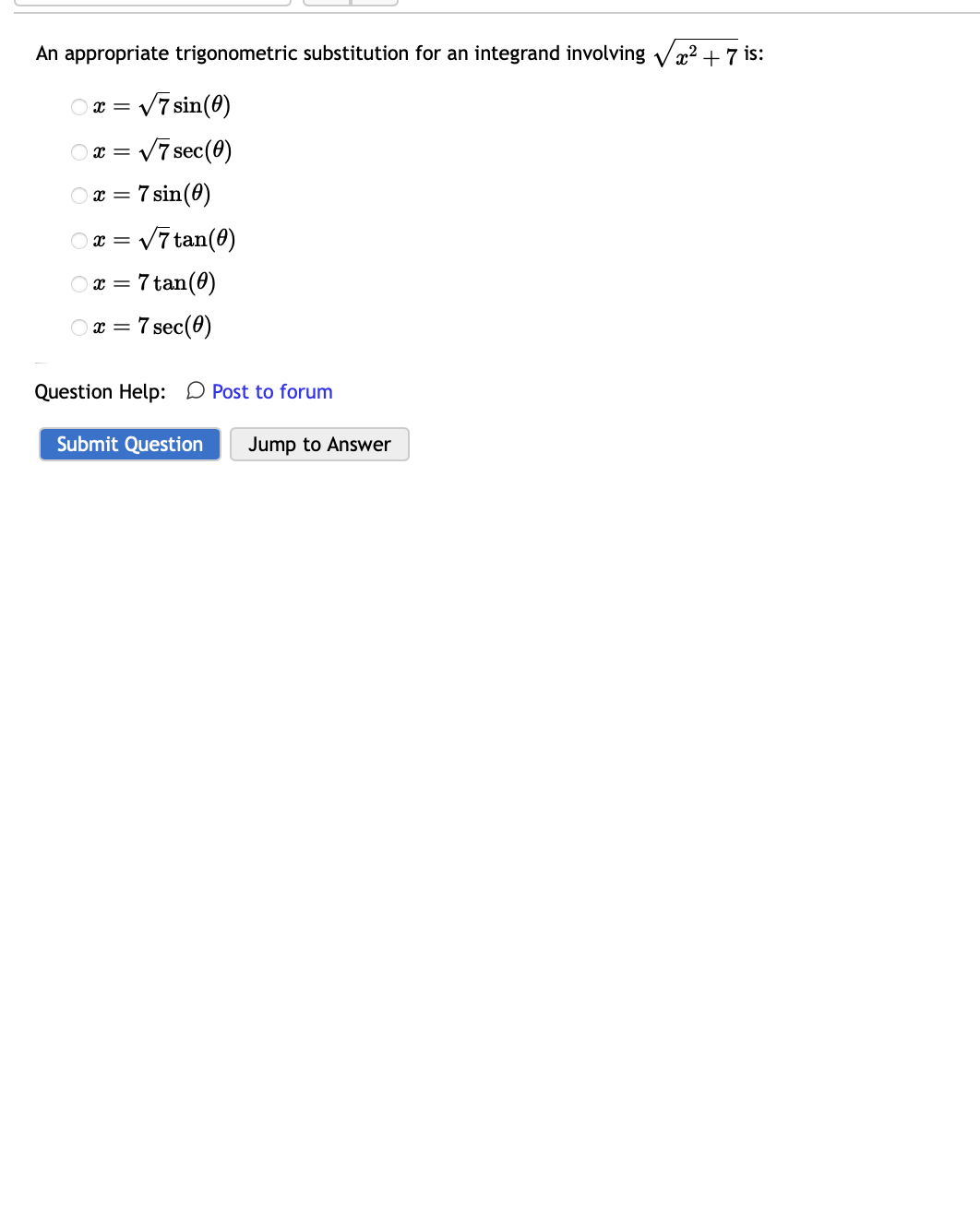 Solved An appropriate trigonometric substitution for an | Chegg.com