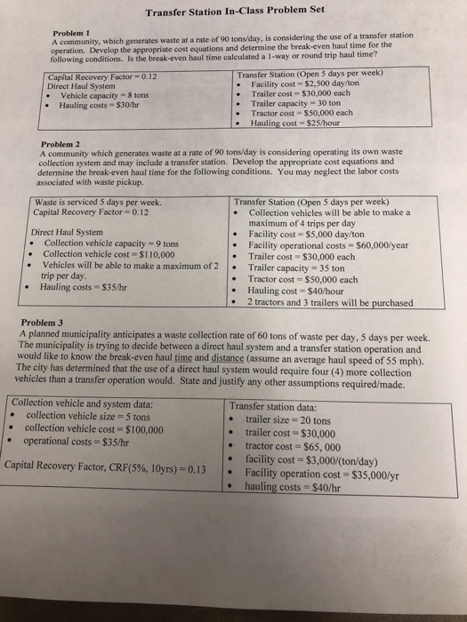 Solved Transfer Station In-Class Problem Set Problem 1 A | Chegg.com