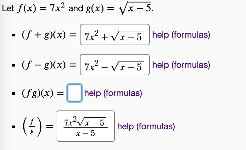 Solved Let f(x)=7x2 and g(x)=x−5. - (f+g)(x)= help | Chegg.com Solved Let f(x)=7x2 and g(x)=x−5. - (f+g)(x)= help | Chegg.com