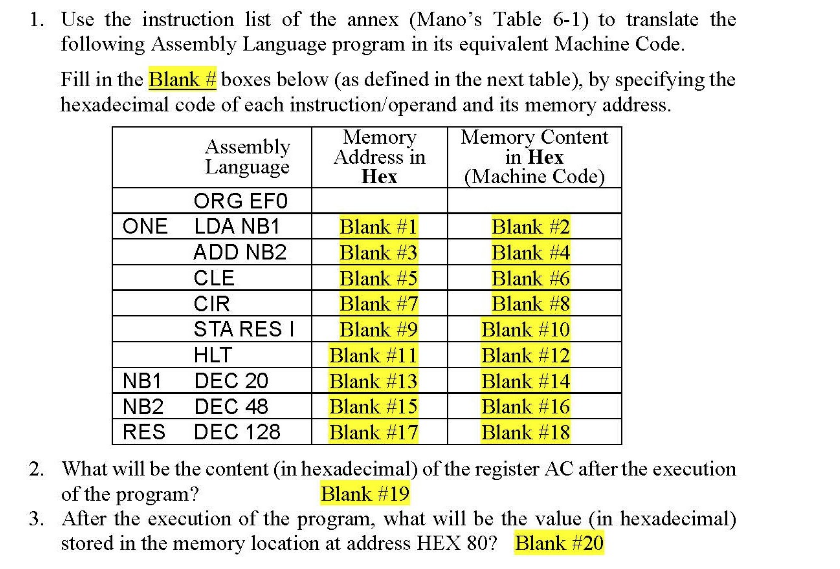1. Use the instruction list of the annex (Mano's | Chegg.com