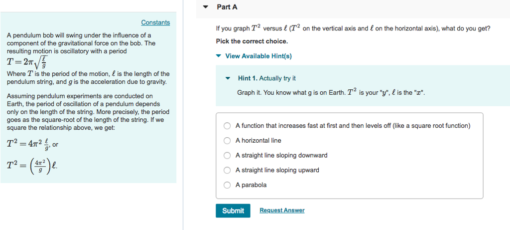 Solved Part A If you graph T2 versus l (T2 on the vertical | Chegg.com