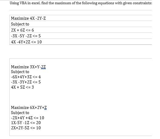 Solved Using Vba In Excel Find The Maximum Of The Following