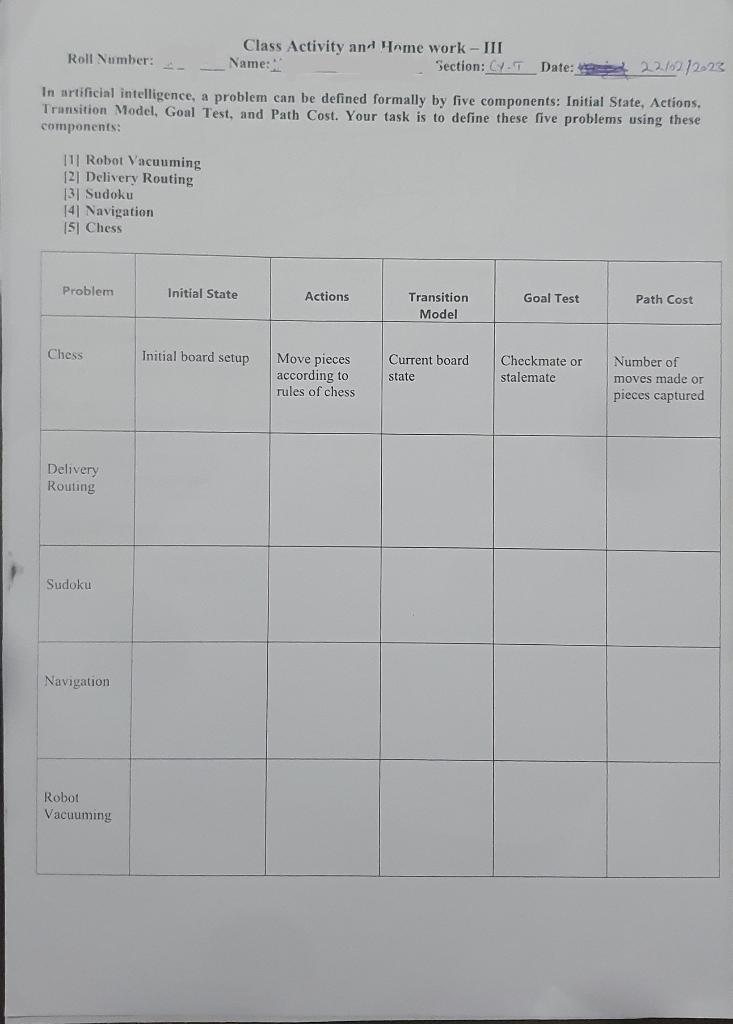 Solved Class Activity and Home work - III Roll Number: Name: | Chegg.com