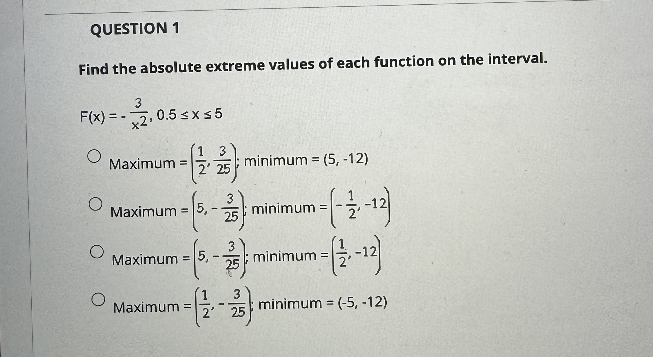 Solved QUESTION 1Find the absolute extreme values of each | Chegg.com