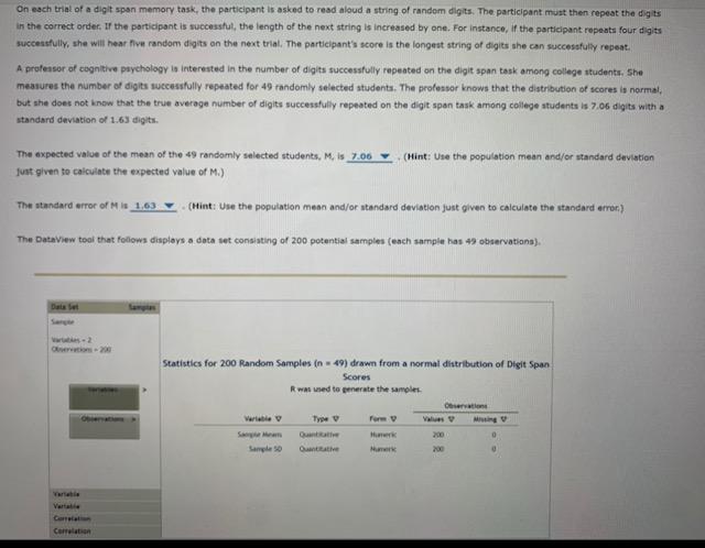 Solved On each trial of a digit span memory task, the | Chegg.com