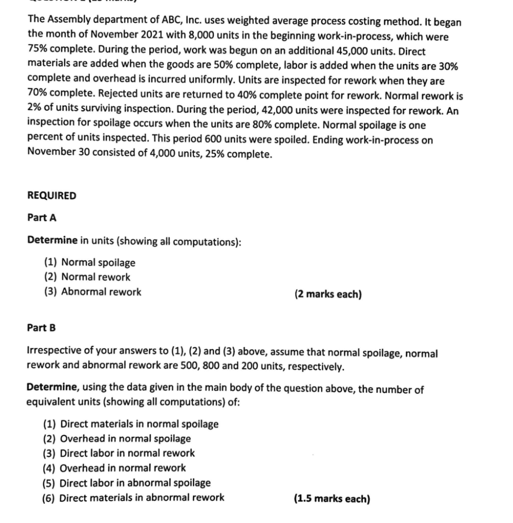 Solved The Assembly department of ABC, Inc. uses weighted | Chegg.com
