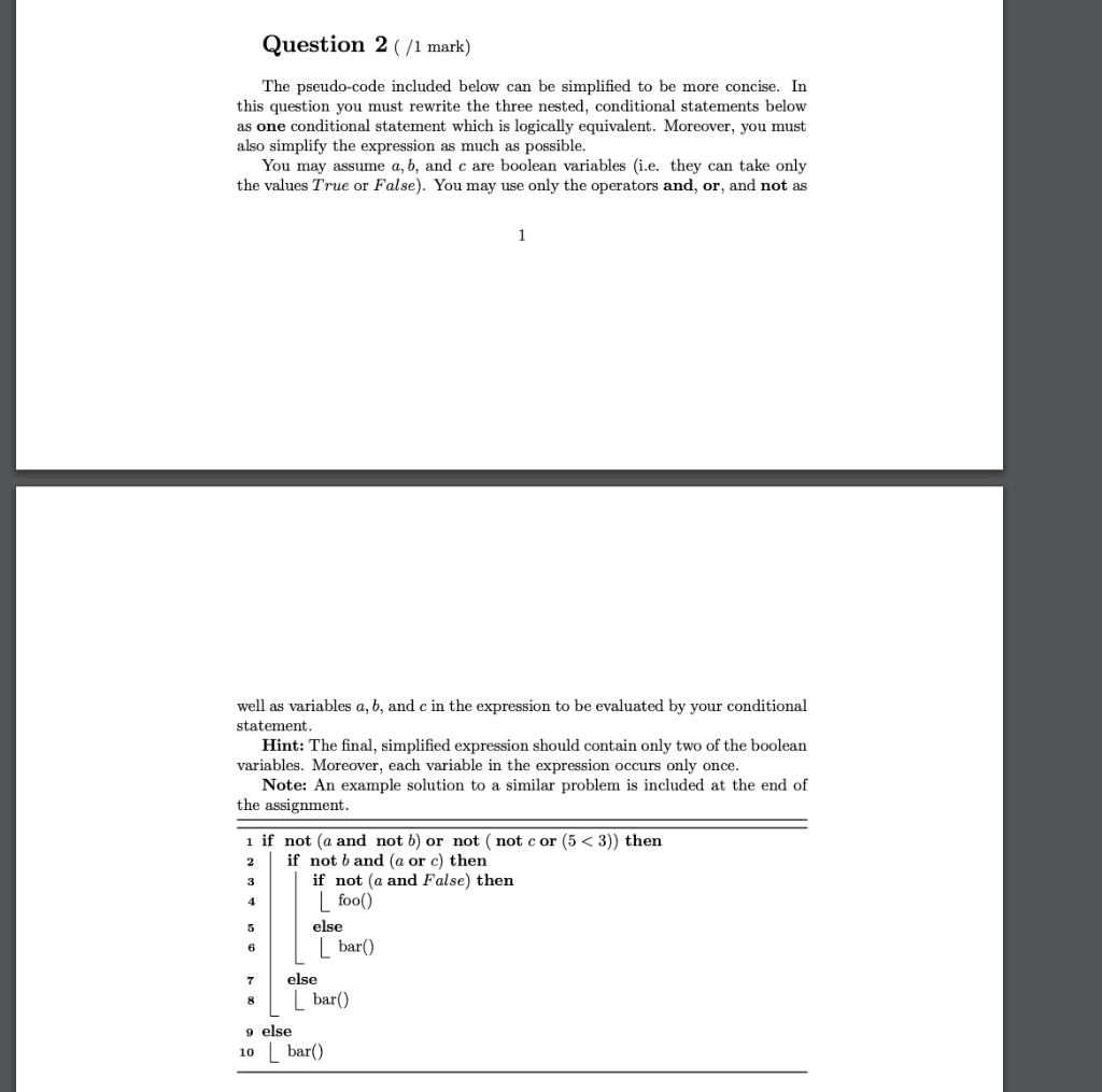 Solved Question 2 ( /1 mark) The pseudo-code included below | Chegg.com