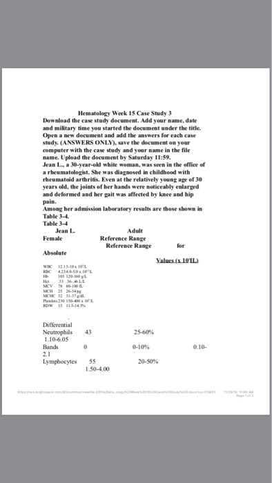 Hematology Week 15 Case Study 3 Dow nload the case | Chegg.com