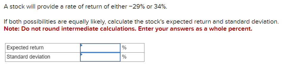Solved A stock will provide a rate of return of either −29% | Chegg.com