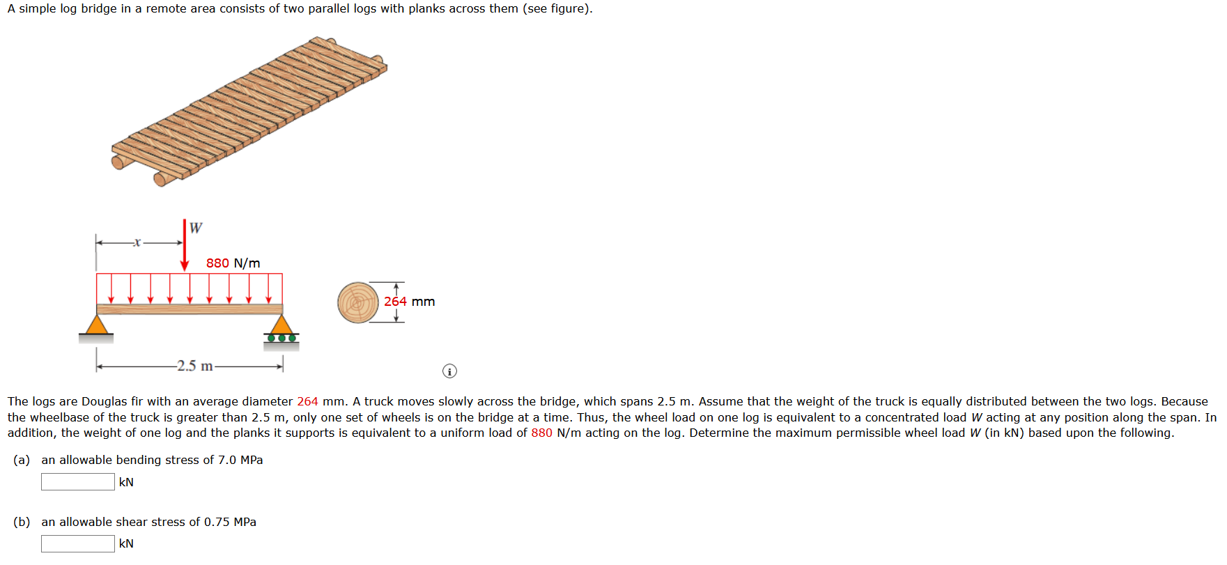 Solved A simple log bridge in a remote area consists of two | Chegg.com
