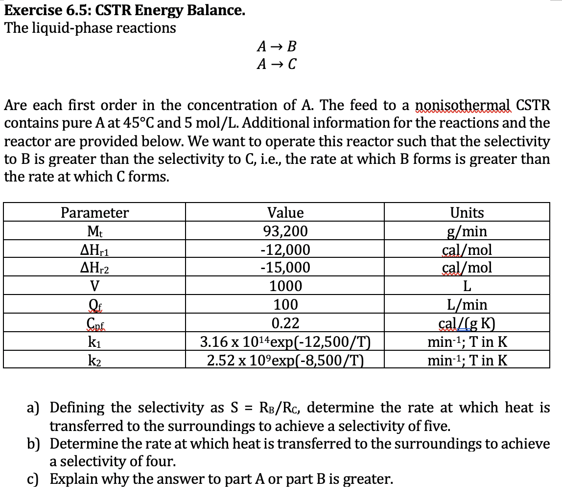 Solved Exercise 6 5 Cstr Energy Balance The Liquid Phase