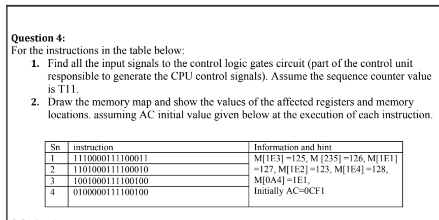 Solved Question 4: For the instructions in the table below: | Chegg.com