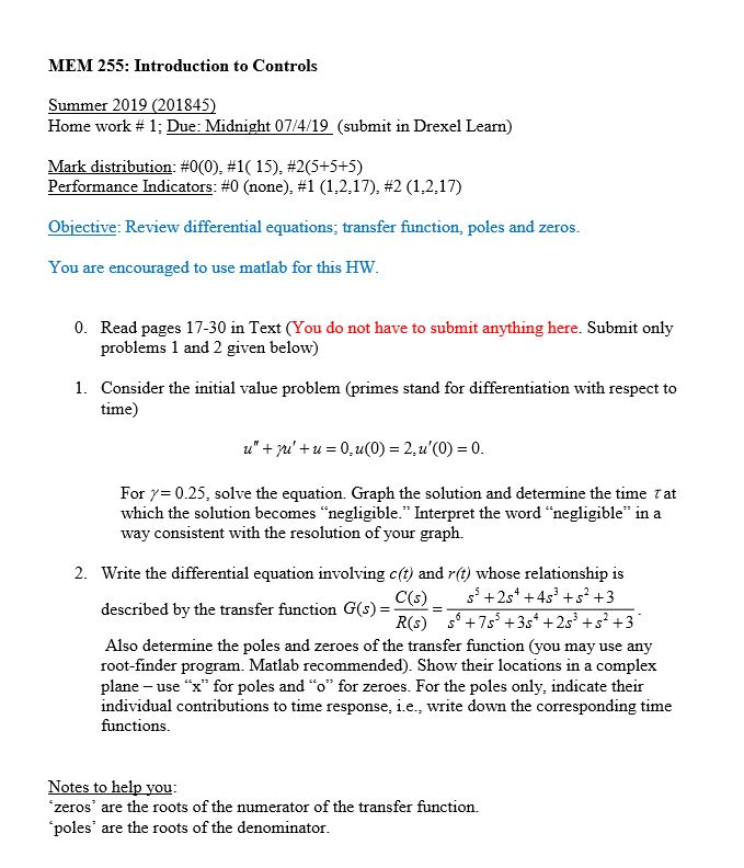 Solved MEM 255: Introduction to Controls Summer 2019 | Chegg.com