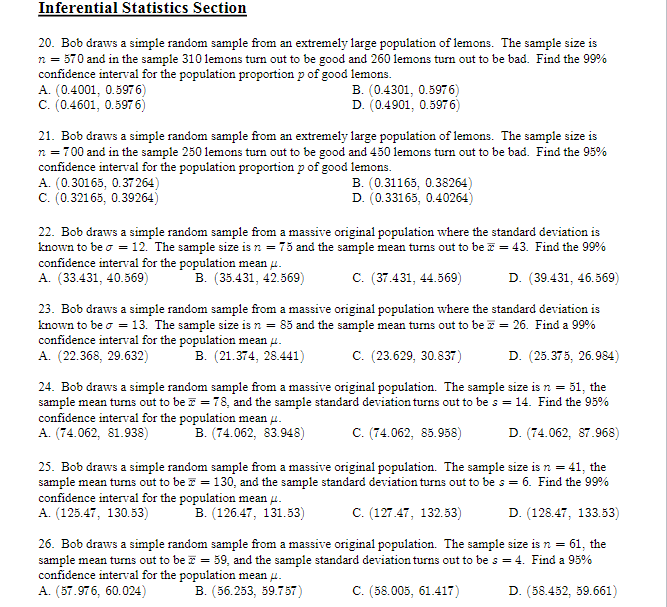 Solved Inferential Statistics Section 20. Bob draws a simple | Chegg.com