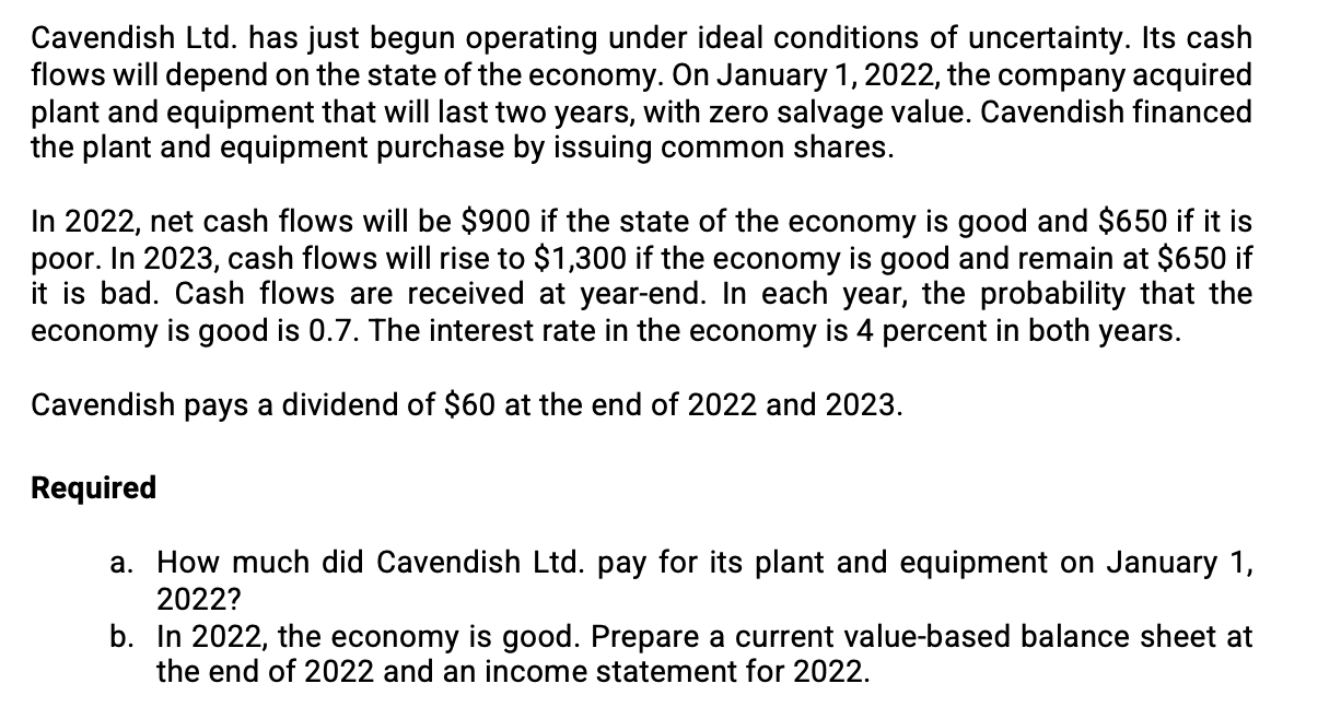 Solved Cavendish Ltd. has just begun operating under ideal | Chegg.com