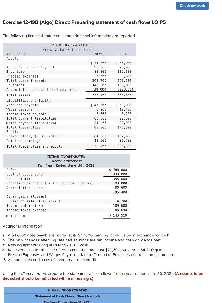 Solved Check my work Exercise 12-19B (Algo) Direct: | Chegg.com
