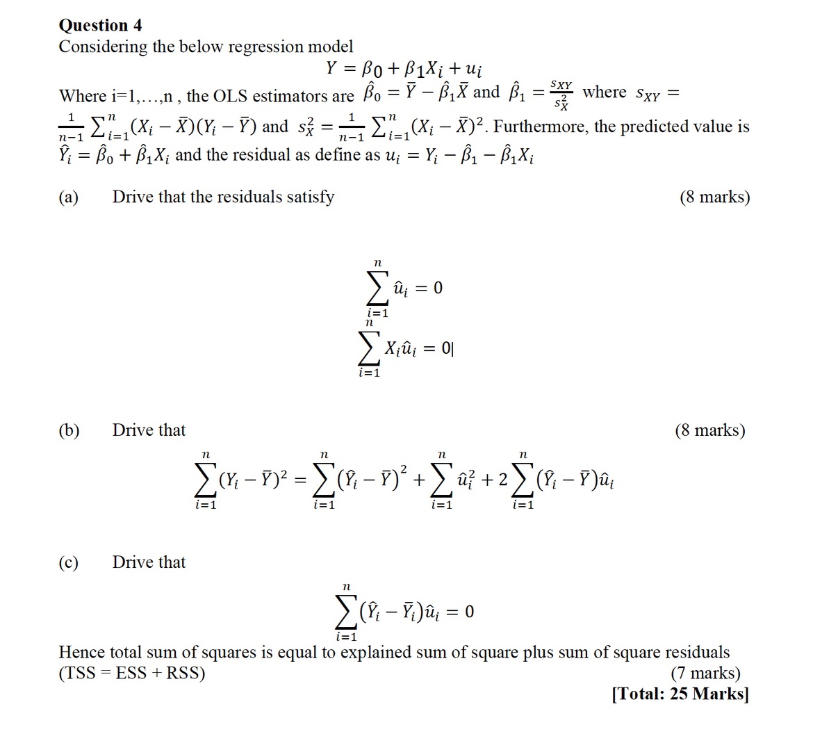 Solved Question 4 Considering the below regression model | Chegg.com