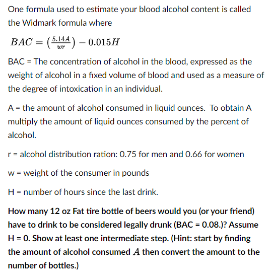 Solved One formula used to estimate your blood alcohol | Chegg.com