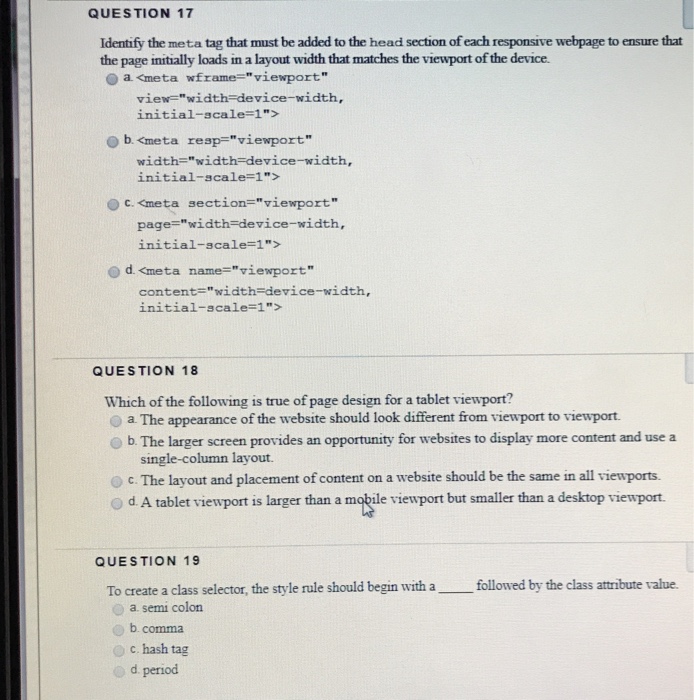 Solved QUESTION 17 Identify the meta tag that must be added | Chegg.com