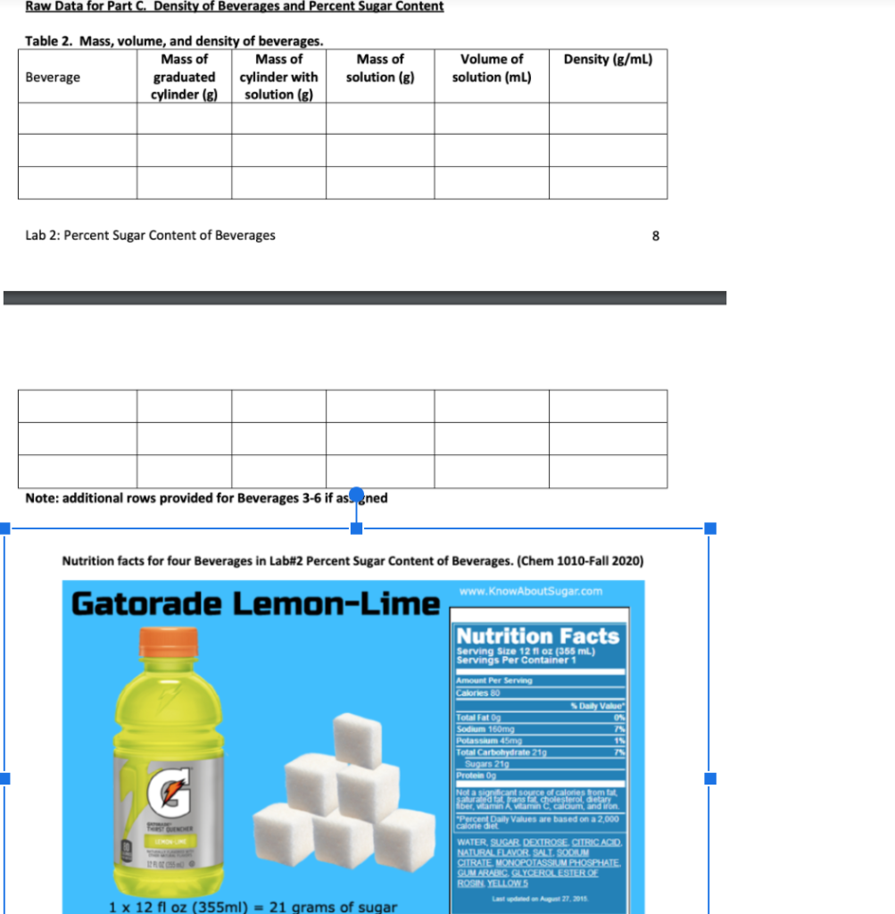 Raw Data for Part C. Density of Beverages and Percent | Chegg.com