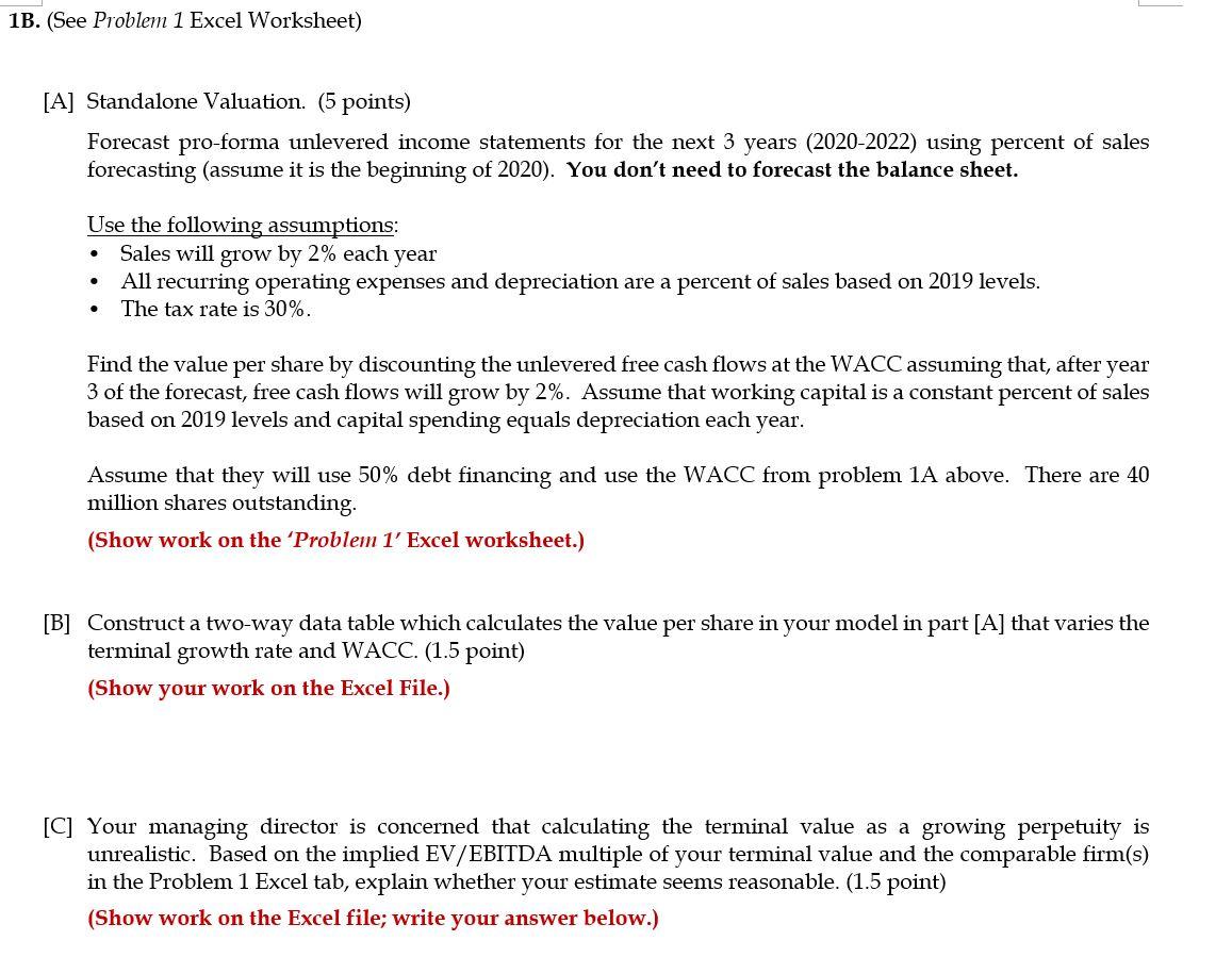 1B. (See Problem 1 Excel Worksheet) [A] Standalone | Chegg.com