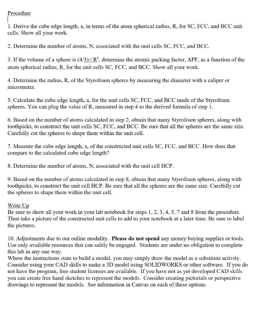 Solved Procedure 1. Derive the cube edge length, a, in terms | Chegg.com