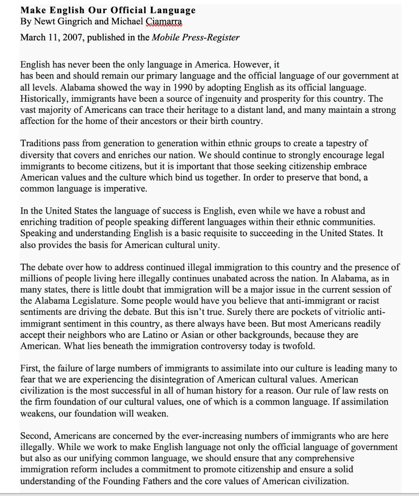Make English Our Official Language By Newt Gingrich | Chegg.com