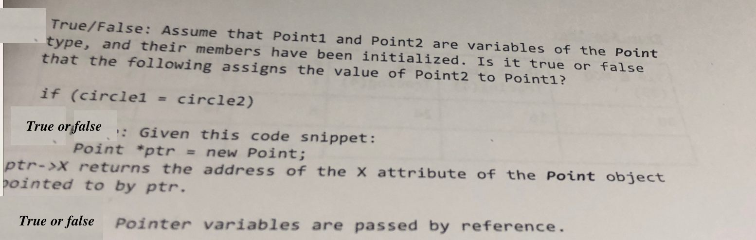 Solved True/False: Assume that Point1 and Point2 are | Chegg.com