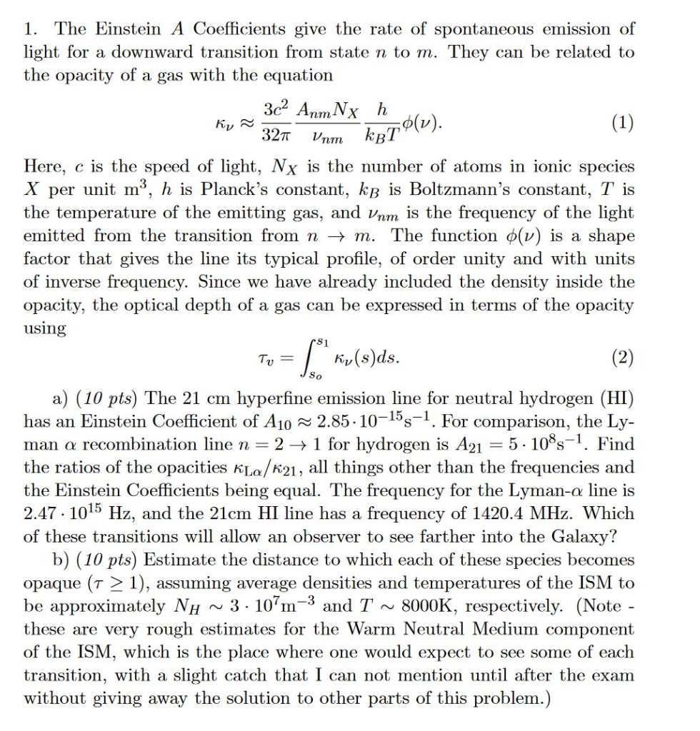 181 1. The Einstein A Coefficients give the rate of | Chegg.com