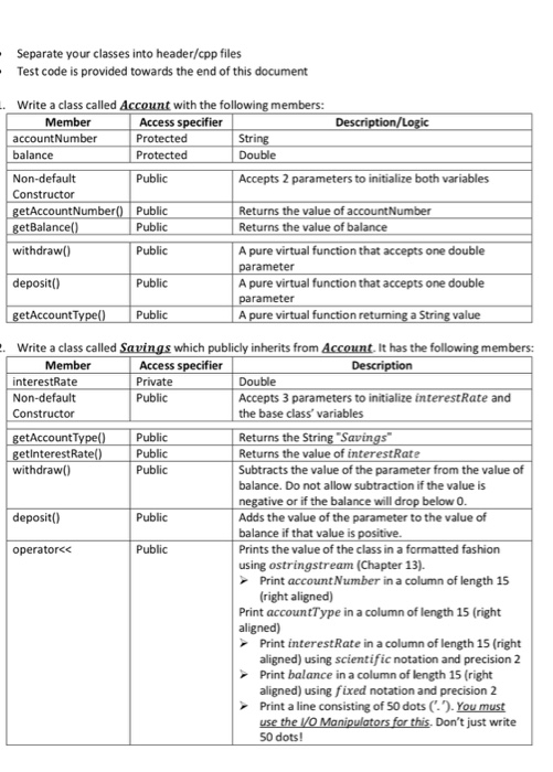 Solved Separate your classes into header/cpp files Test code | Chegg.com