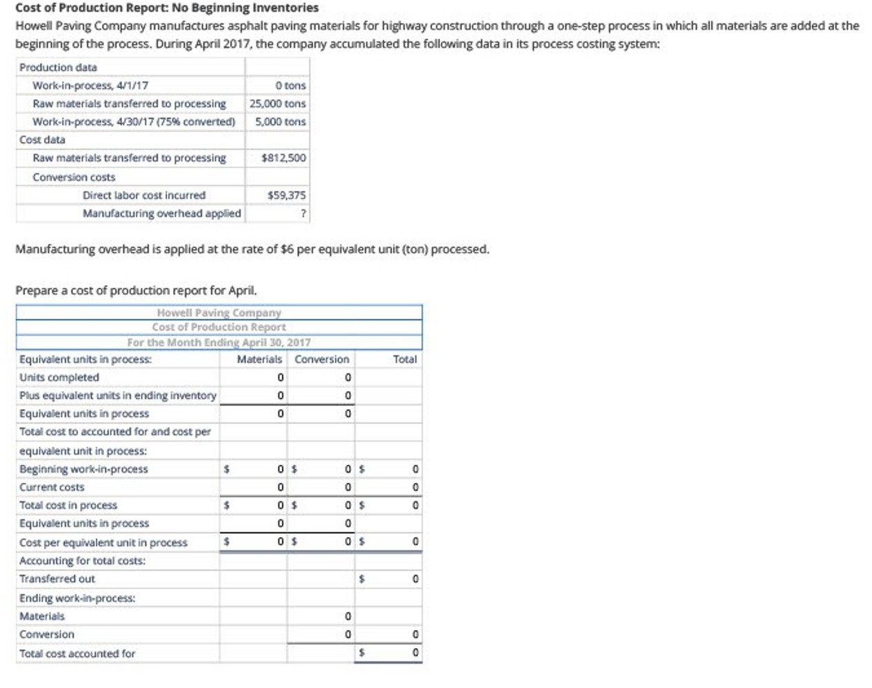 Solved Cost of Production Report: No Beginning | Chegg.com