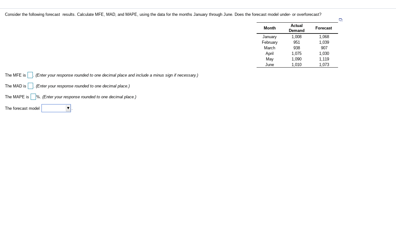 Solved Consider the following forecast results. Calculate | Chegg.com