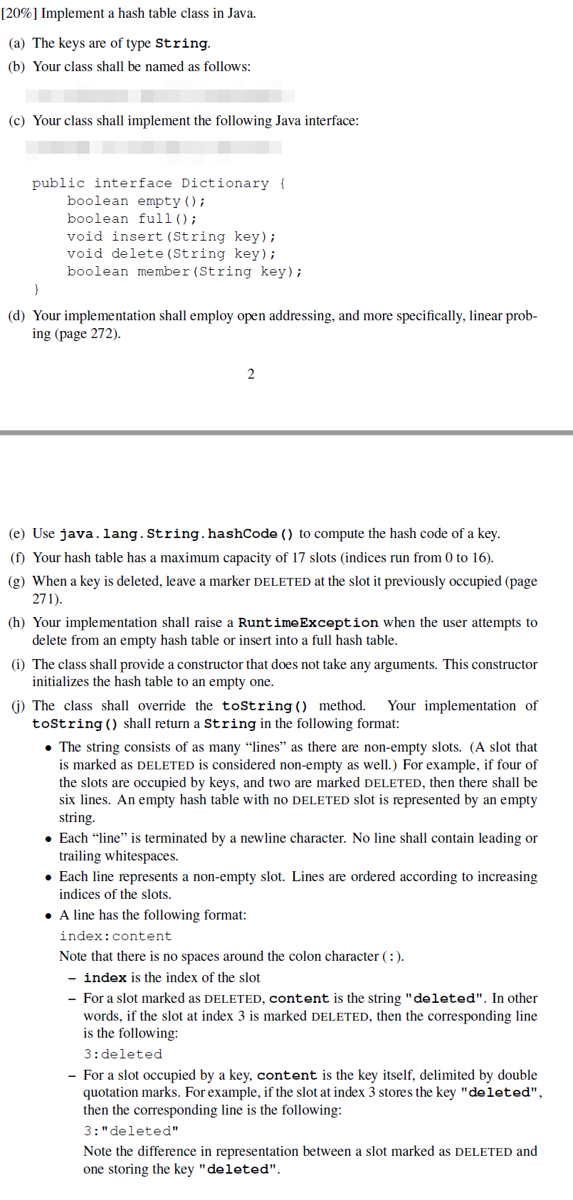 Solved [20%] Implement a hash table class in Java. (a) The | Chegg.com