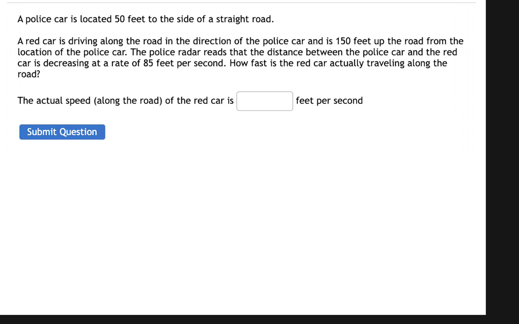 Solved A police car is located 50 feet to the side of a | Chegg.com