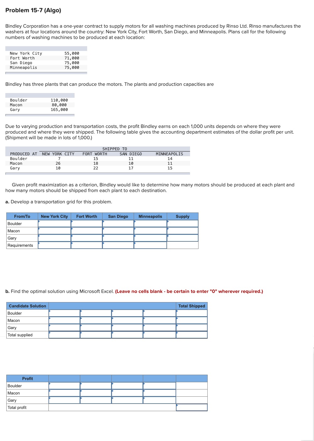 Solved Problem 15-7 (Algo)Bindley Corporation has a one-year | Chegg.com