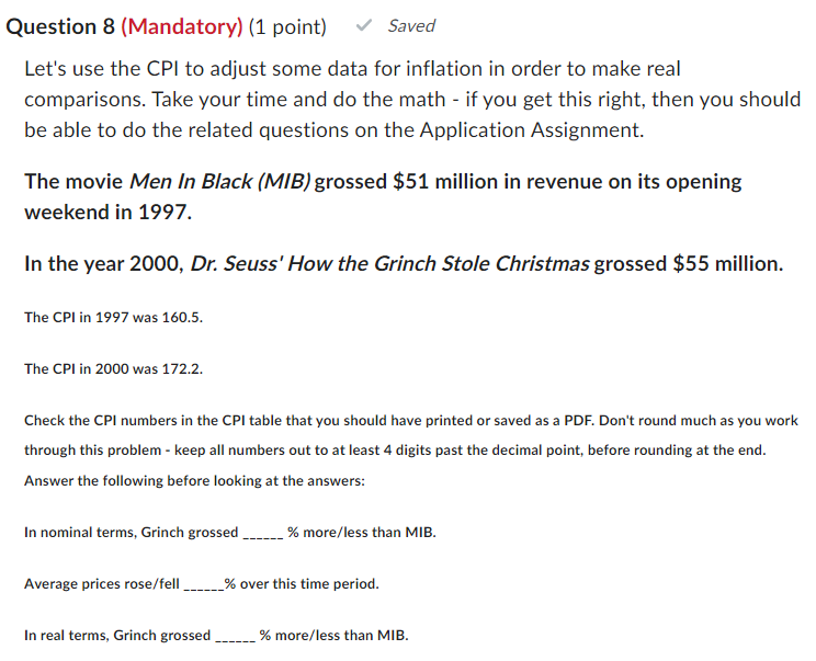 Solved Let's use the CPI to adjust some data for inflation | Chegg.com