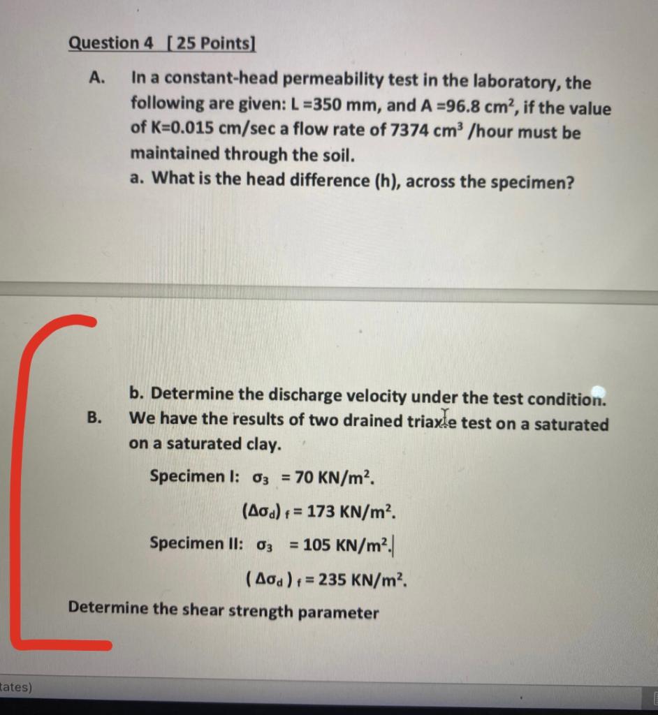 Solved Question 4 ( 25 Points] A. In a constant-head | Chegg.com