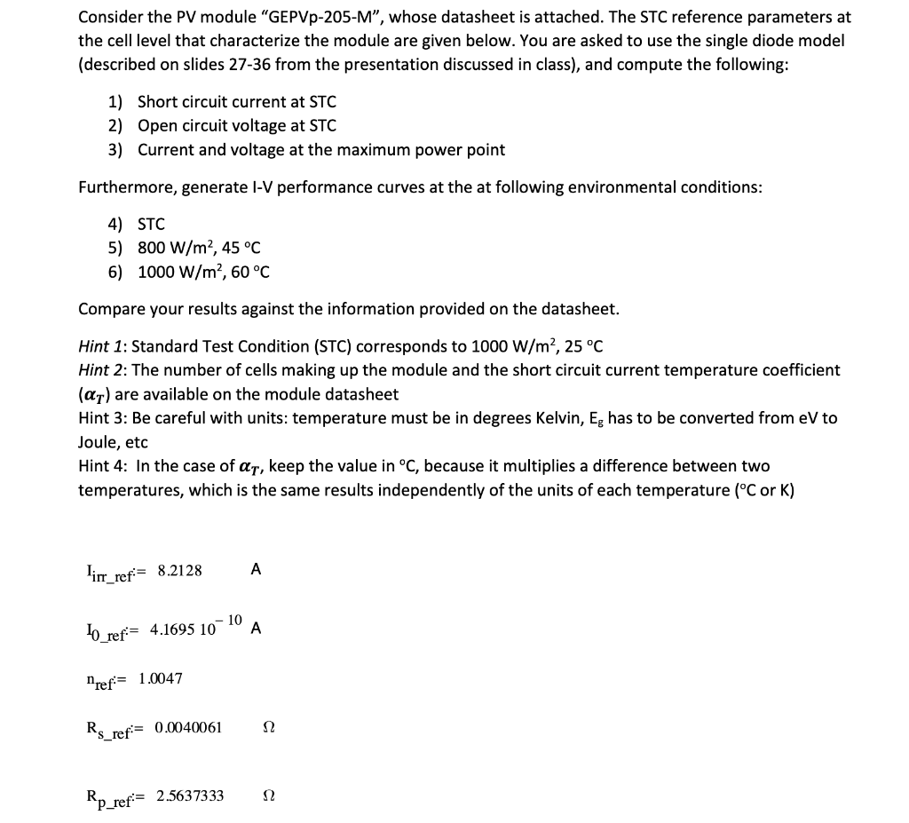 Consider the PV module "GEPVp-205-M", whose datasheet | Chegg.com