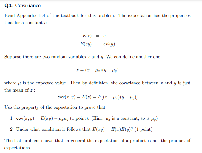 Solved Q3: Covariance Read Appendix B.4 of the textbook for | Chegg.com