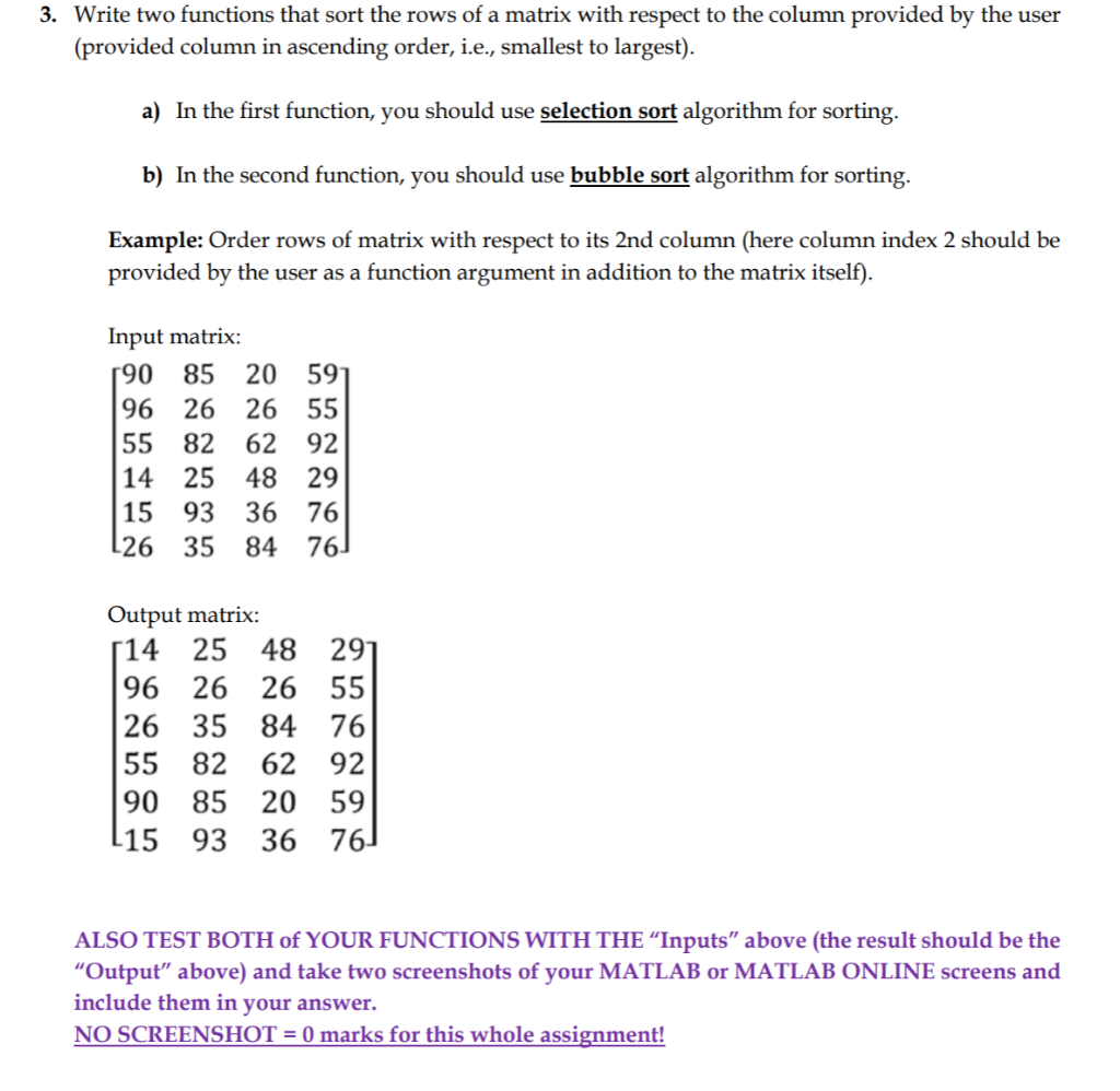 3. Write two functions that sort the rows of a matrix | Chegg.com
