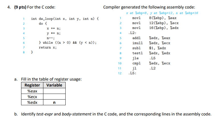4. (9 pts) For the C code: 1 1 2 int dw_loop(int n, | Chegg.com