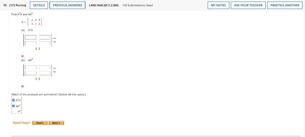 Solved 10. [1/3 Points] DETAILS Find ATA and AAT A- (a) A'A | Chegg.com