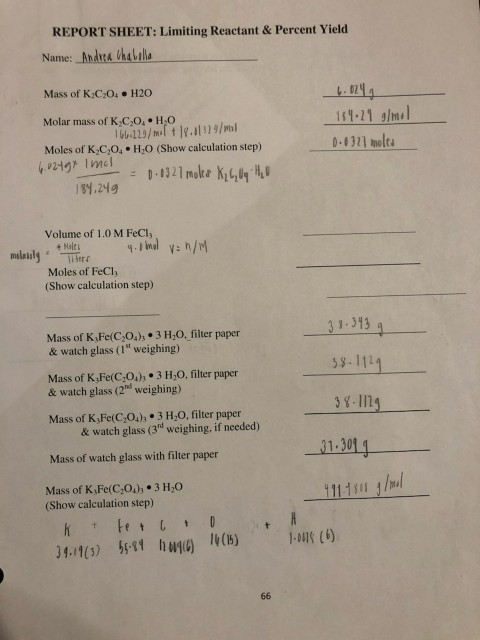 REPORT SHEET: Limiting Reactant & Percent Yield Name: | Chegg.com