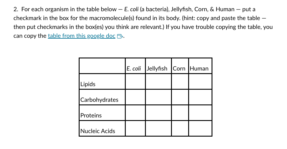 Solved 2. For each organism in the table below - E. coli (a | Chegg.com
