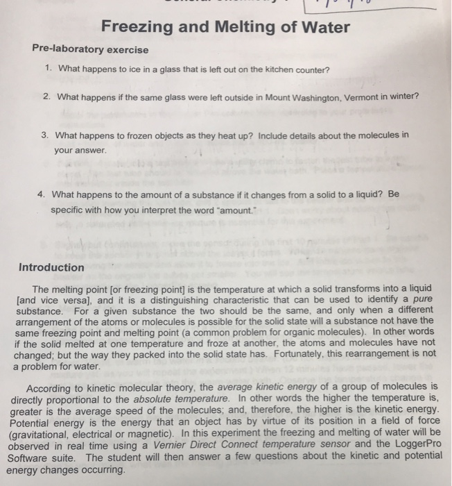 Solved Freezing and Melting of Water Pre-laboratory exercise | Chegg.com