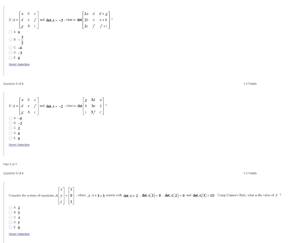 Solved a d d+8 If A= d. D 2a ef and det. A = -3. what is det | Chegg.com