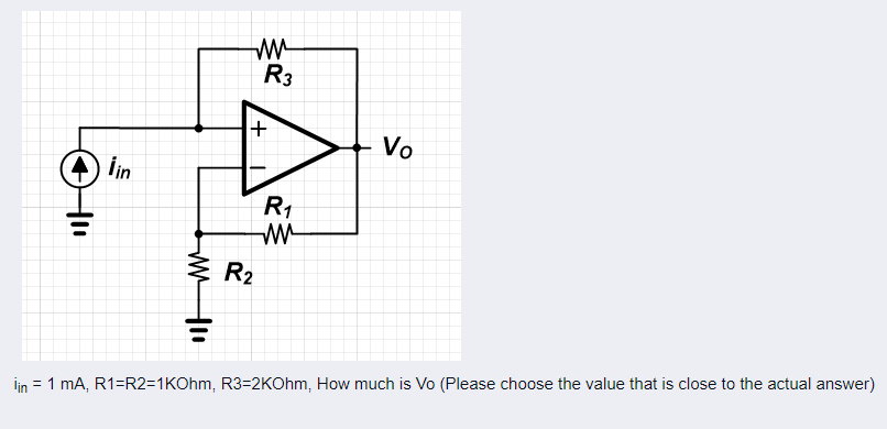 Solved w R3 + Vo lin R1 w R2 W! in = 1 mA, R1=R2=1kOhm, | Chegg.com